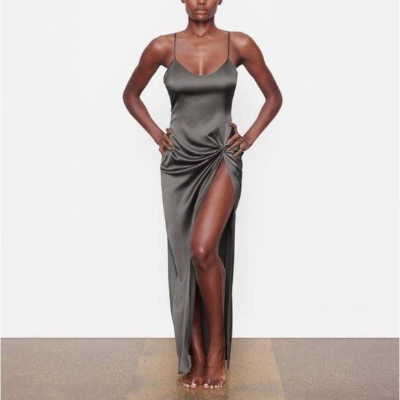 SKIMS | Dresses | Skims Silk Slip Dress High Slit Gunmetal Womens 3x ...
